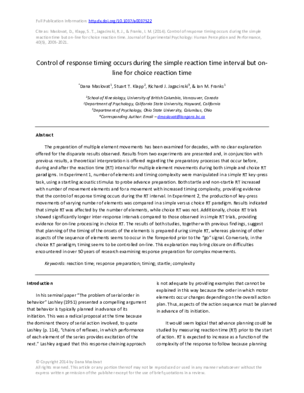 (PDF) Control of response timing occurs during the simple reaction time ...