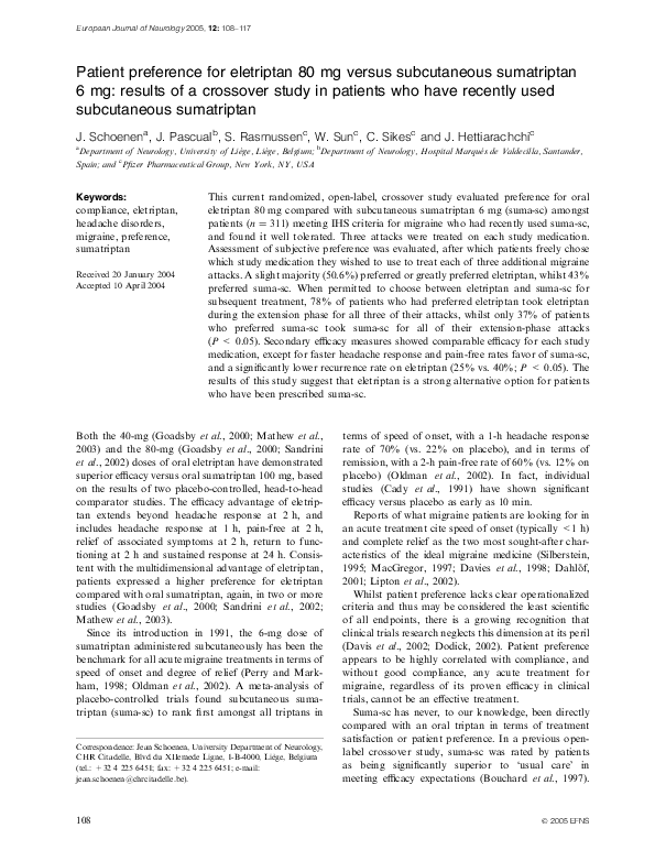 (PDF) Patient preference for eletriptan 80 mg versus subcutaneous ...