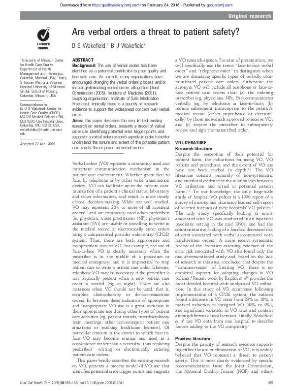 (PDF) Are verbal orders a threat to patient safety?