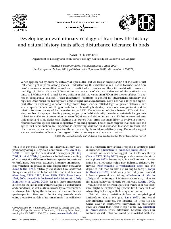 (PDF) Developing an evolutionary ecology of fear: how life history and ...