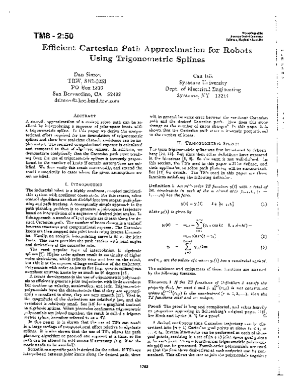 Pdf Efficient Cartesian Path Approximation For Robots Using Trigonometric Splines