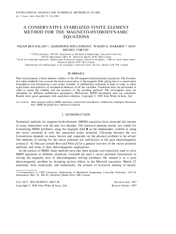(PDF) A conservative stabilized finite element method for the magneto-hydrodynamic equations