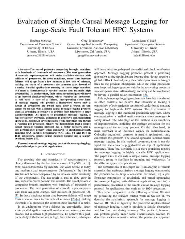 Pdf Evaluation Of Simple Causal Message Logging For Large Scale Fault Tolerant Hpc Systems