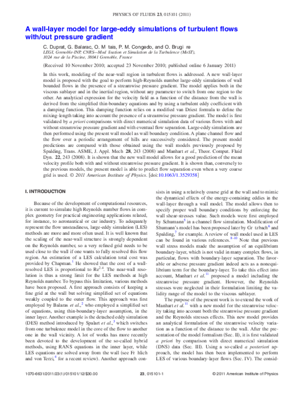 (PDF) A wall-layer model for large-eddy simulations of turbulent flows with/out pressure gradient