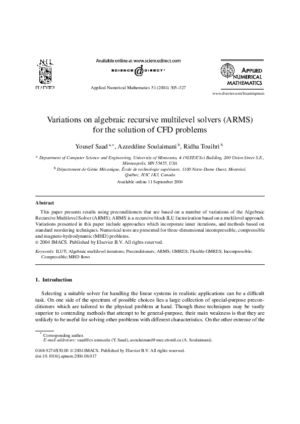(PDF) Variations on algebraic recursive multilevel solvers (ARMS) for the solution of CFD problems