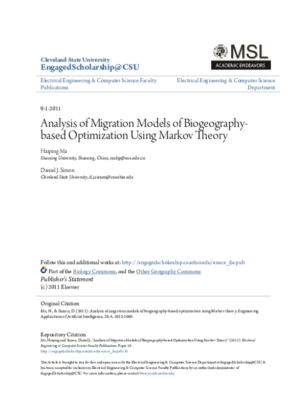 (PDF) Analysis of migration models of biogeography-based optimization using Markov theory