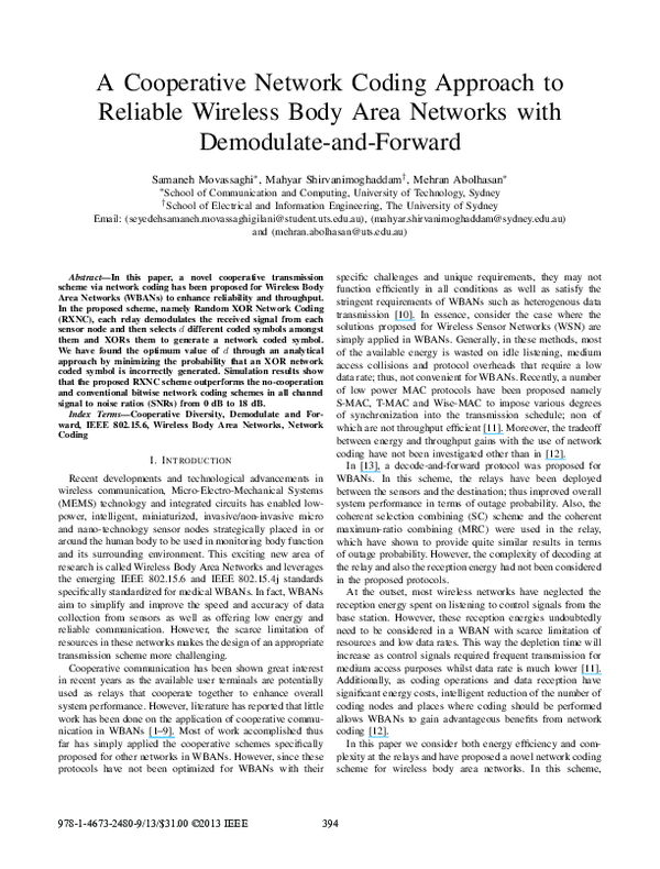 Pdf A Cooperative Network Coding Approach To Reliable Wireless Body Area Networks With