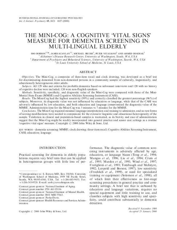 (PDF) The Mini-Cog: a cognitive ?vital signs? measure for dementia ...