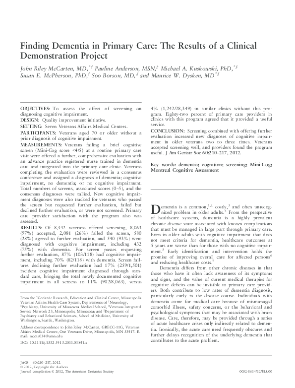 Pdf Finding Dementia In Primary Care The Results Of A Clinical Demonstration Project