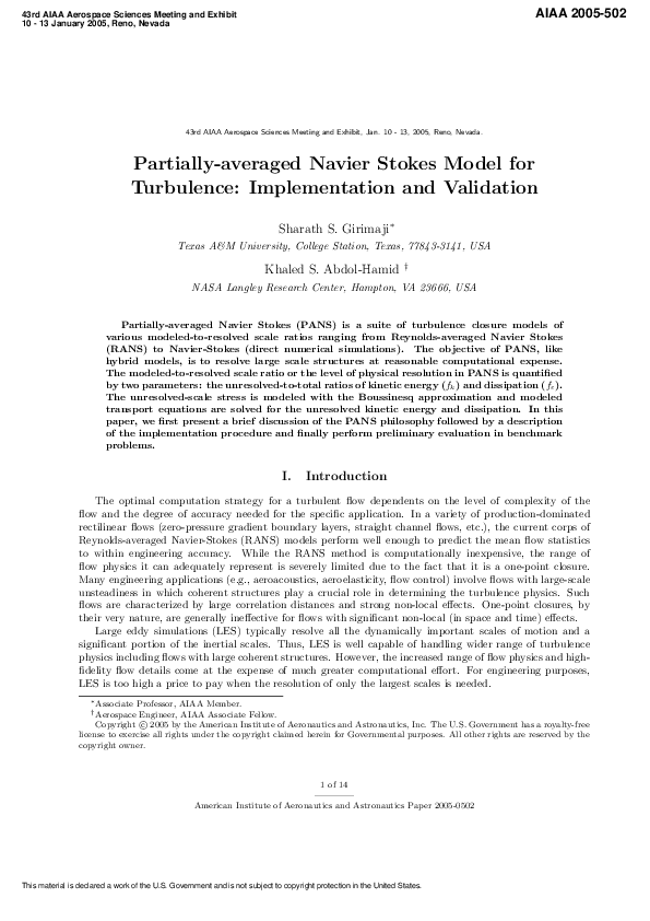 (PDF) Partially-Averaged Navier-Stokes Model for Turbulence: A Reynolds-Averaged Navier-Stokes ...