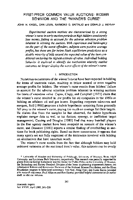 (PDF) FIRST-PRICE COMMON VALUE AUCTIONS: BIDDER BEHAVIOR AND THE ...