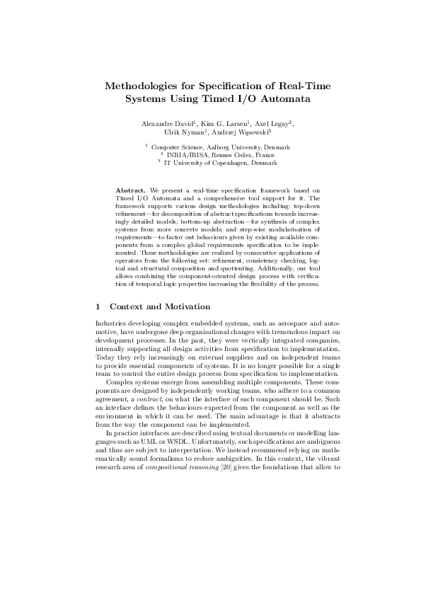 (PDF) Methodologies for Specification of Real-Time Systems Using Timed I/O Automata