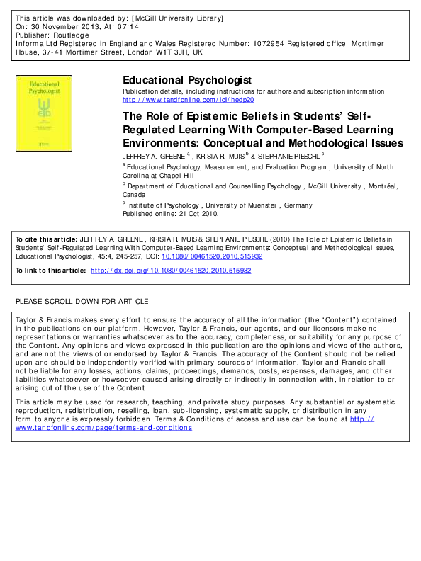(PDF) The Role of Epistemic Beliefs in Students’ Self-Regulated Learning With Computer-Based ...