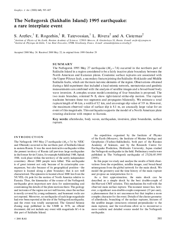 (PDF) The Neftegorsk (Sakhalin Island) 1995 earthquake: a rare ...