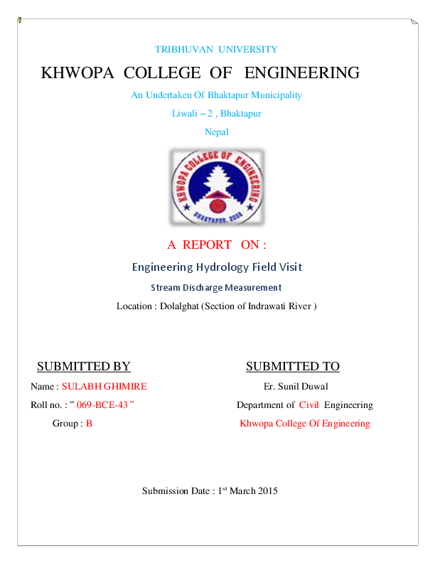 (PDF) field report of hydrology at dolalghat