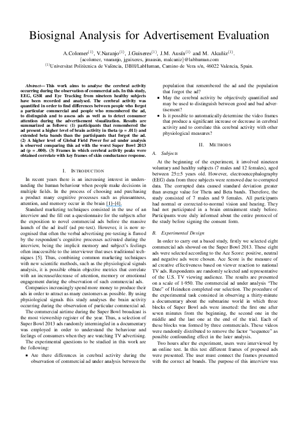 (PDF) Biosignal Analysis for Advertisement Evaluation