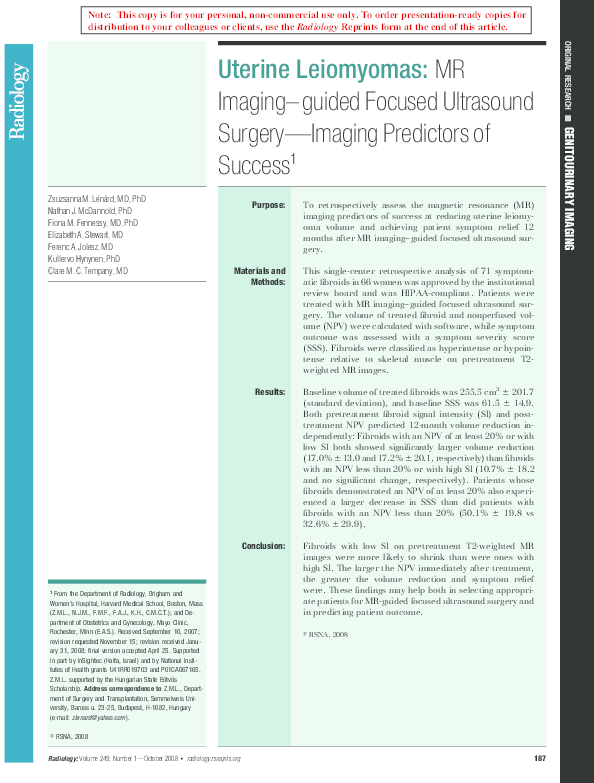 Pdf Uterine Leiomyomas Mr Imagingguided Focused Ultrasound Surgery