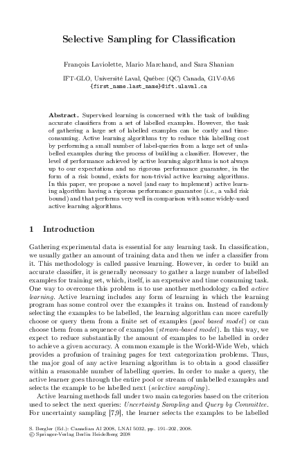 Pdf Selective Sampling For Classification François Laviolette