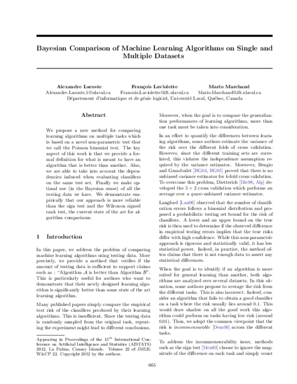 (PDF) Bayesian comparison of machine learning algorithms on single and ...