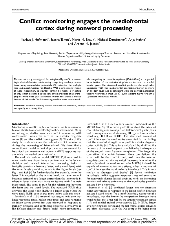 (PDF) Conflict monitoring engages the mediofrontal cortex during nonword processing