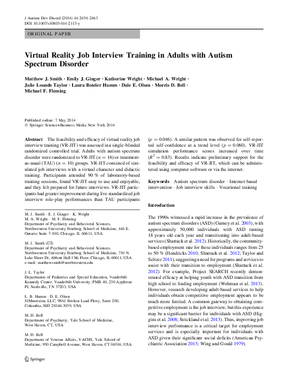 (PDF) Feasibility and Efficacy of Virtual Reality Job Interview Training in Adults with Autism ...