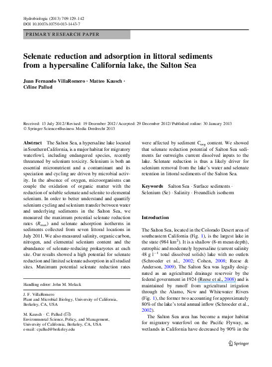 (PDF) Selenate reduction and adsorption in littoral sediments from a ...