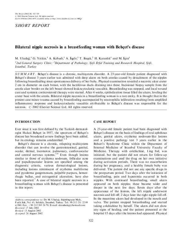 (PDF) Bilateral nipple necrosis in a breastfeeding woman with Behçet's ...