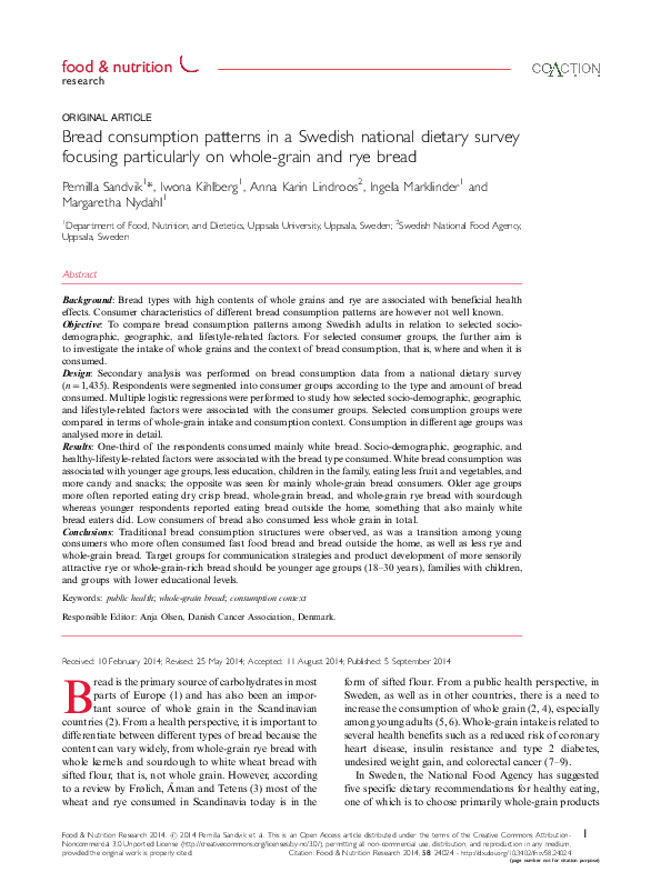 (PDF) Bread consumption patterns in a Swedish national dietary survey ...
