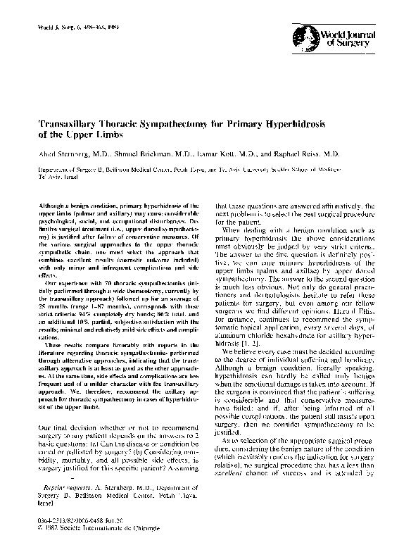 (PDF) Transaxillary thoracic sympathectomy for primary hyperhidrosis of ...