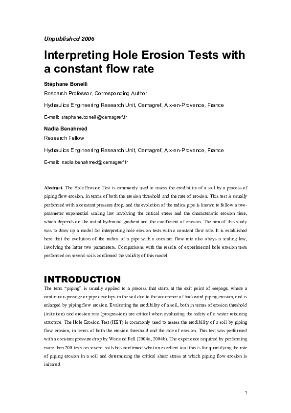 (PDF) Interpreting Hole Erosion Tests with a constant flow rate