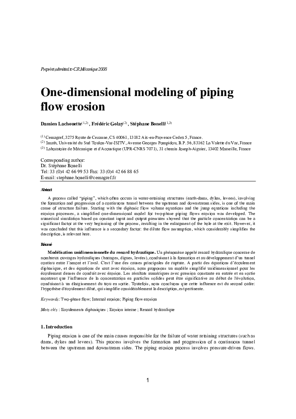 (PDF) One-dimensional modeling of piping flow erosion