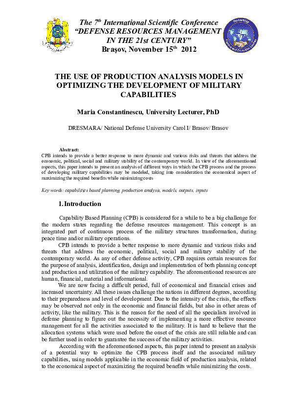 (DOC) THE USE OF PRODUCTION ANALYSIS MODELS IN OPTIMIZING THE ...