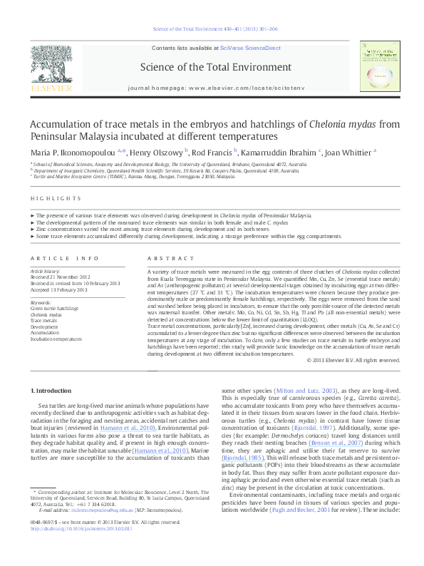 (PDF) Accumulation of trace metals in the embryos and hatchlings of ...