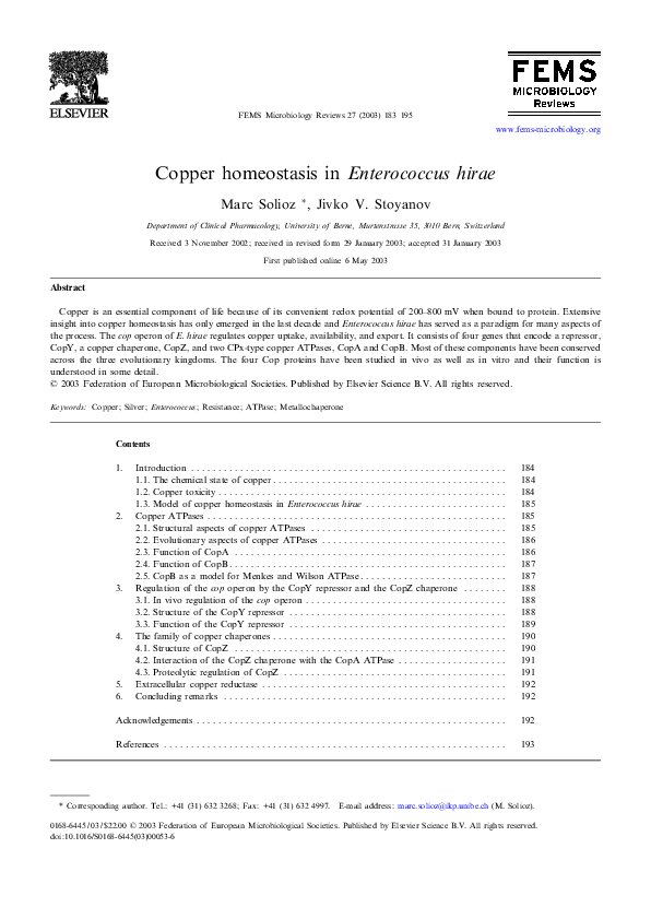 (PDF) Copper homeostasis in Enterococcus hirae