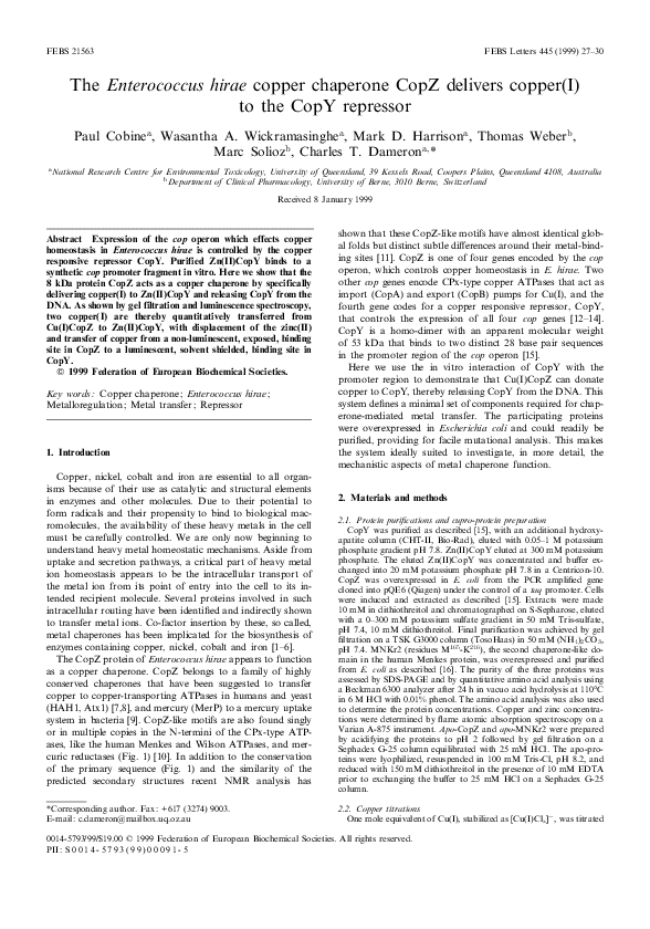 (PDF) The Enterococcus hirae copper chaperone CopZ delivers copper(I ...