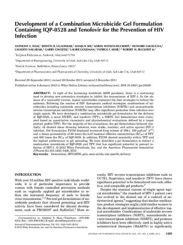 (PDF) Development of a combination microbicide gel formulation containing IQP-0528 and tenofovir ...