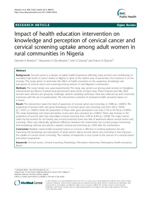 Pdf Impact Of Health Education Intervention On Knowledge And 6097