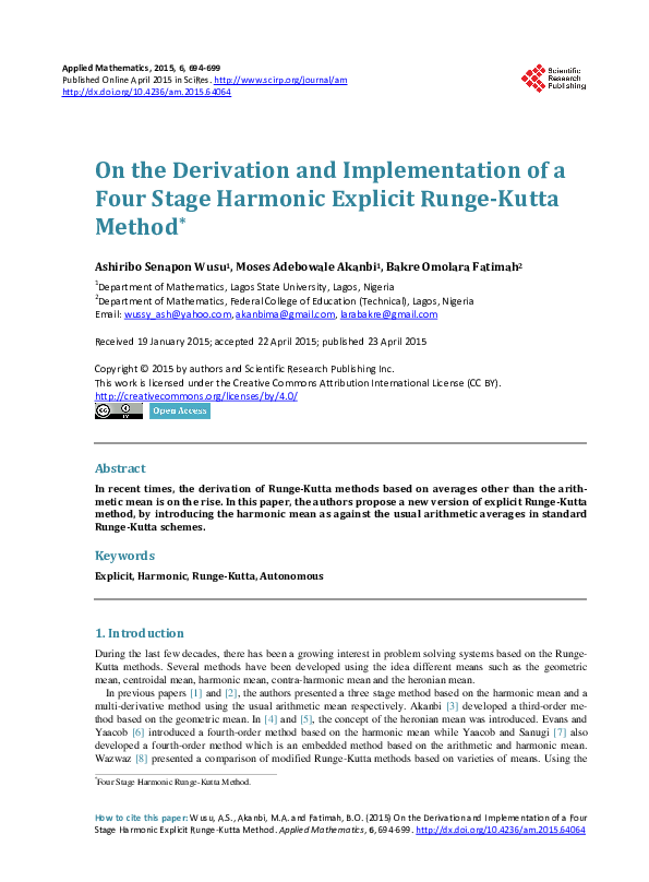 (PDF) On the Derivation and Implementation of a Four Stage Harmonic Explicit Runge-Kutta Method*