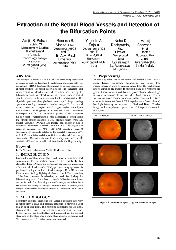 (PDF) Extraction of the Retinal Blood Vessels and Detection of the Bifurcation Points