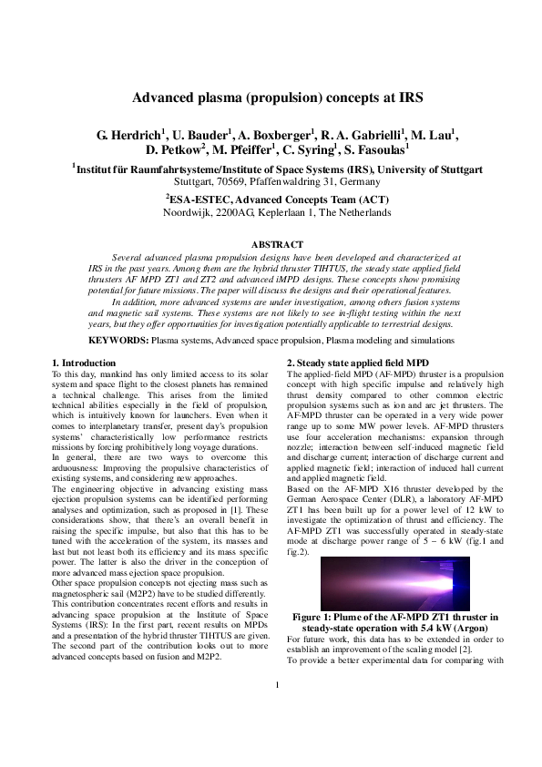 (PDF) Advanced plasma (propulsion) concepts at IRS