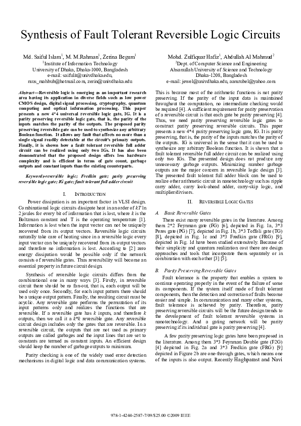 Pdf Synthesis Of Fault Tolerant Reversible Logic Circuits