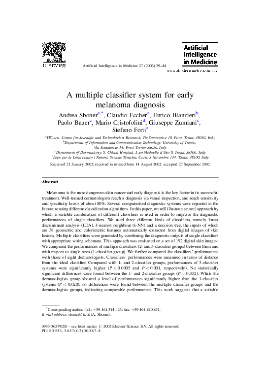 (PDF) A multiple classifier system for early melanoma diagnosis