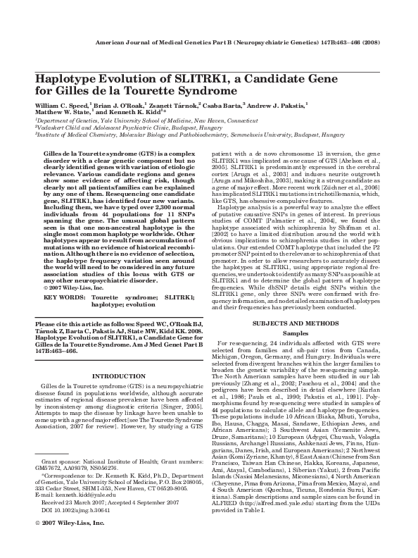 (PDF) Haplotype evolution of SLITRK1, a candidate gene for Gilles de la ...