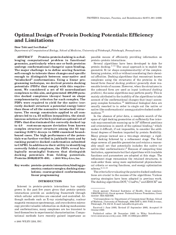 (PDF) Optimal design of protein docking potentials: Efficiency and ...