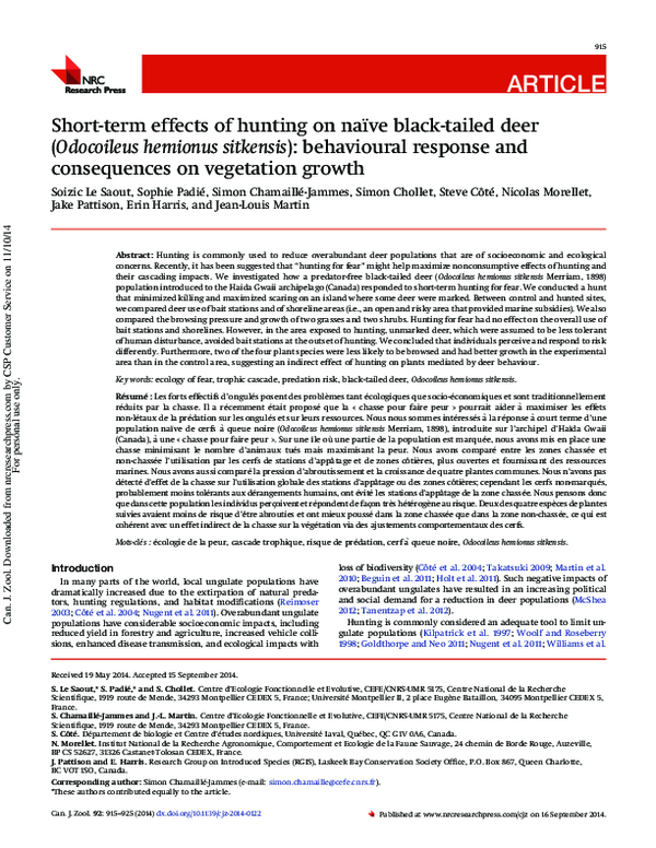 (PDF) Short-term effects of hunting on naïve black-tailed deer ...