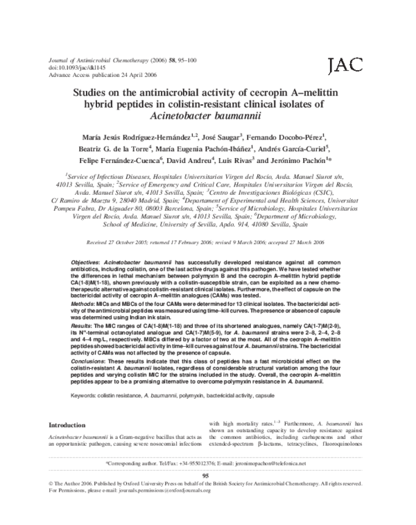 (PDF) Studies on the antimicrobial activity of cecropin A-melittin hybrid peptides in colistin ...