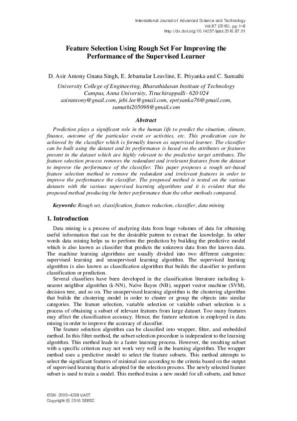 (PDF) Feature Selection Using Rough Set For Improving the Performance of the Supervised Learner