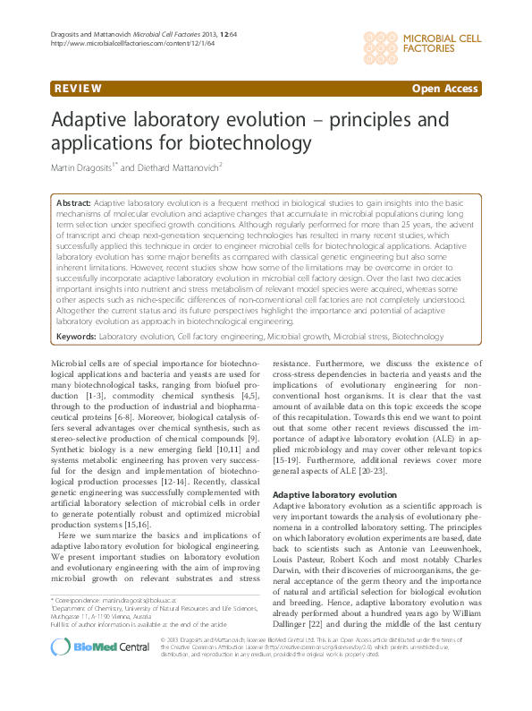 (PDF) Adaptive laboratory evolution – principles and applications for ...
