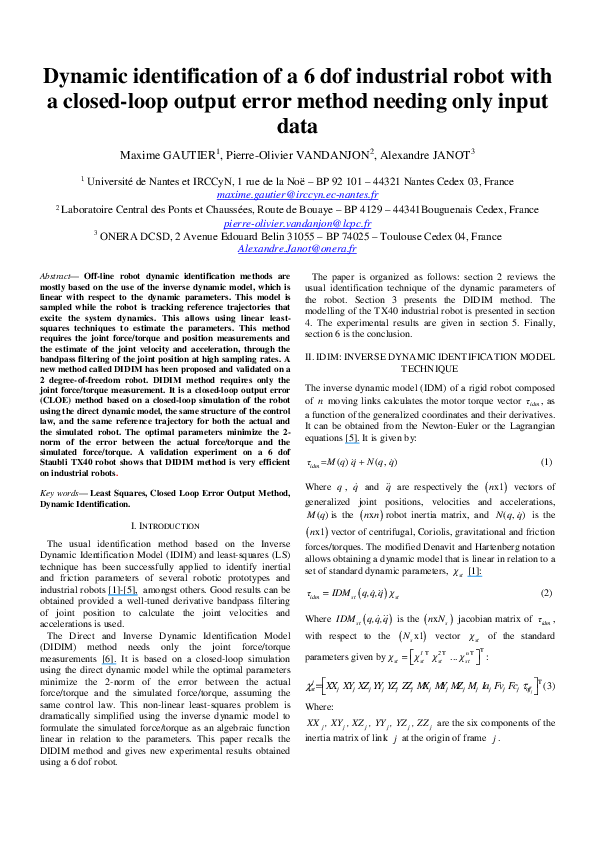Pdf Dynamic Identification Of A 6 Dof Robot Without Joint Position Data P Vandanjon
