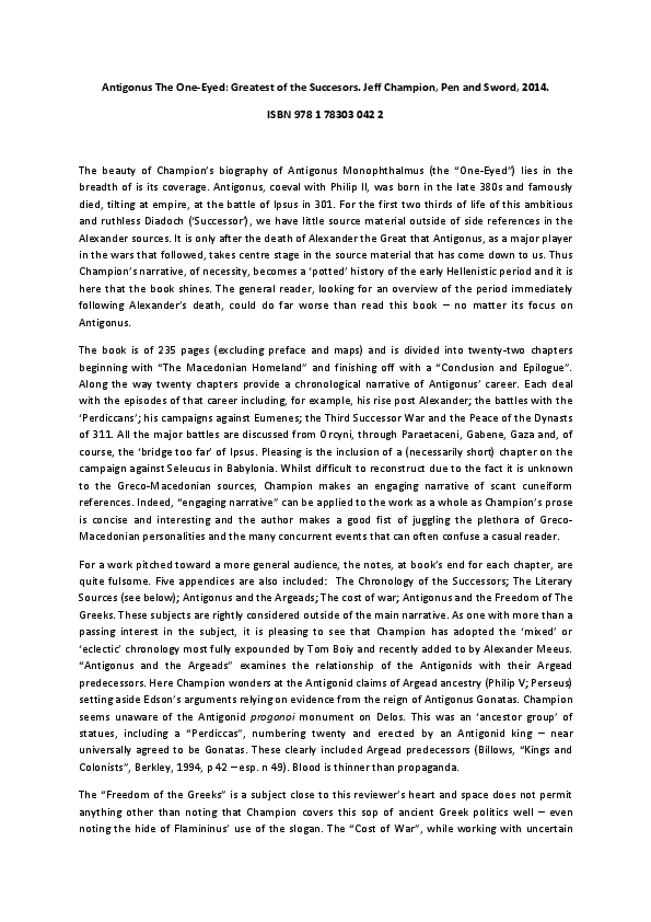 (PDF) Antigonus The One Eyed - Greatest of the Successors (Review)